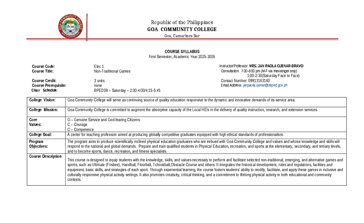 GCC Syllabus: Non-Traditional Games and Sports (BPED3B) - Studocu