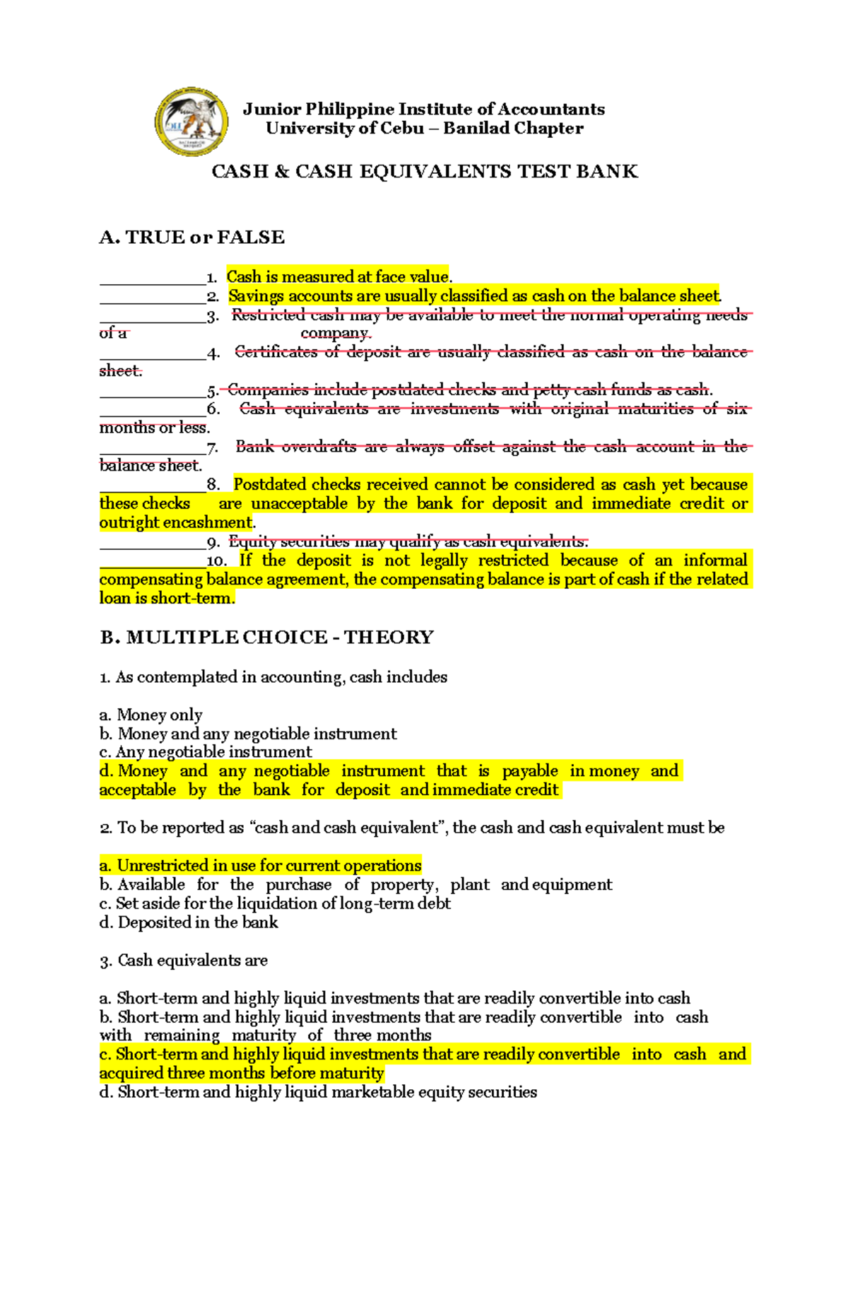 CASH & CASH EQUIVALENTS TEST BANK - COMPREHENSIVE REVIEW & AUDIT ...