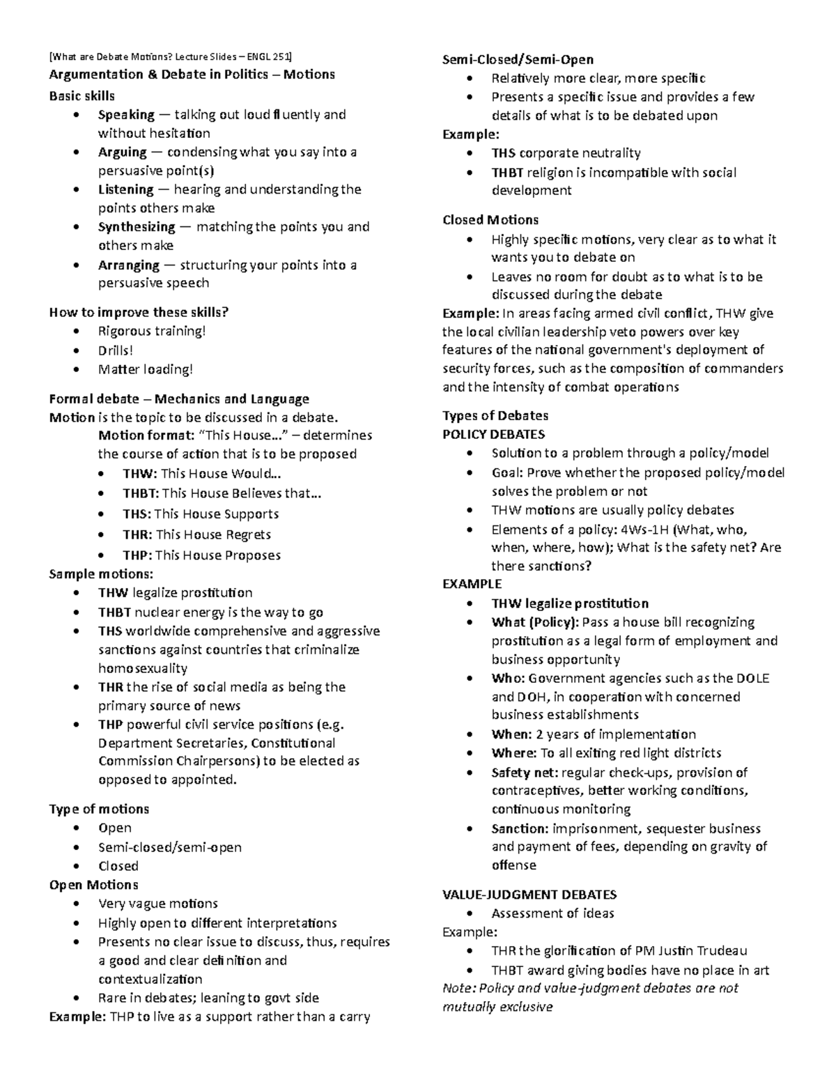 Debate Motions Explained - Lecture Slides for ENGL 251 - Studocu