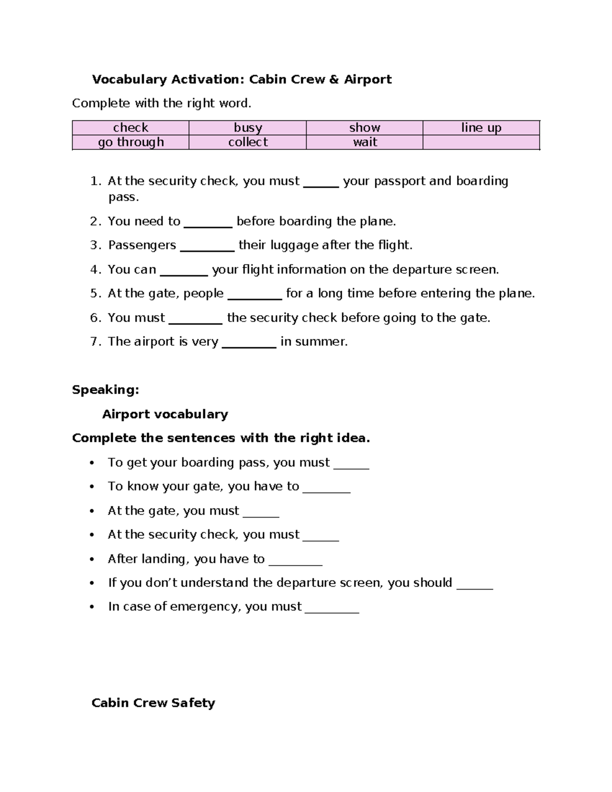 Airport Vocabulary & Cabin Crew Safety: Warm-up Activity - Studocu