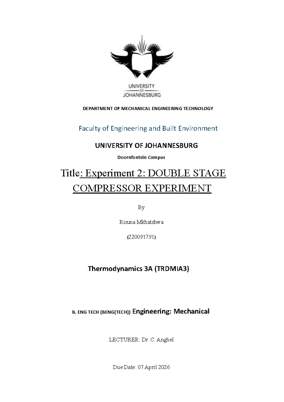 Experiment 2: Double Stage Compressor Analysis - TRDMIA3 Lab 2 - Studocu