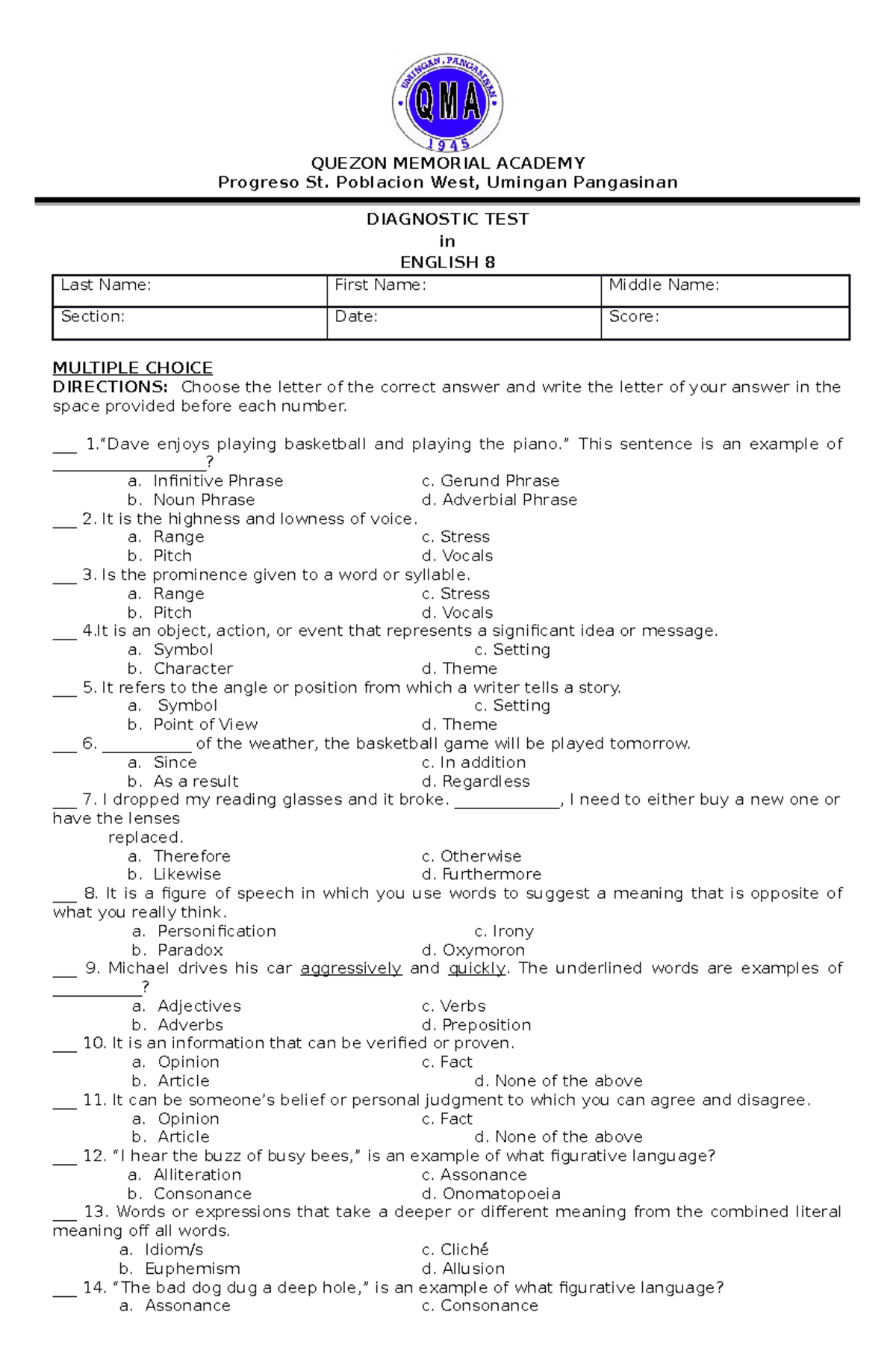 English 9 Diagnostic TEST - QUEZON MEMORIAL ACADEMY Progreso St ...