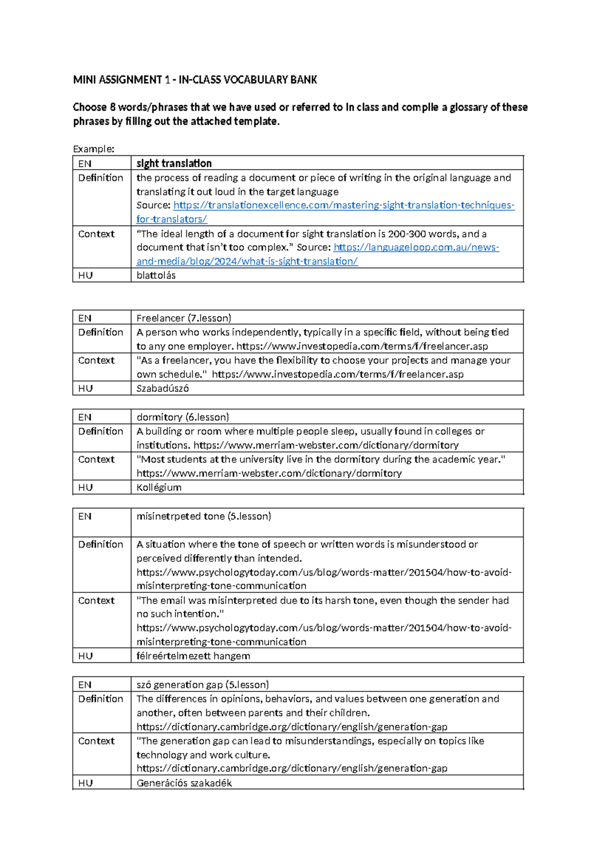 Mini Assignment 1 - In-Class Vocabulary Compilation Guide - Studocu