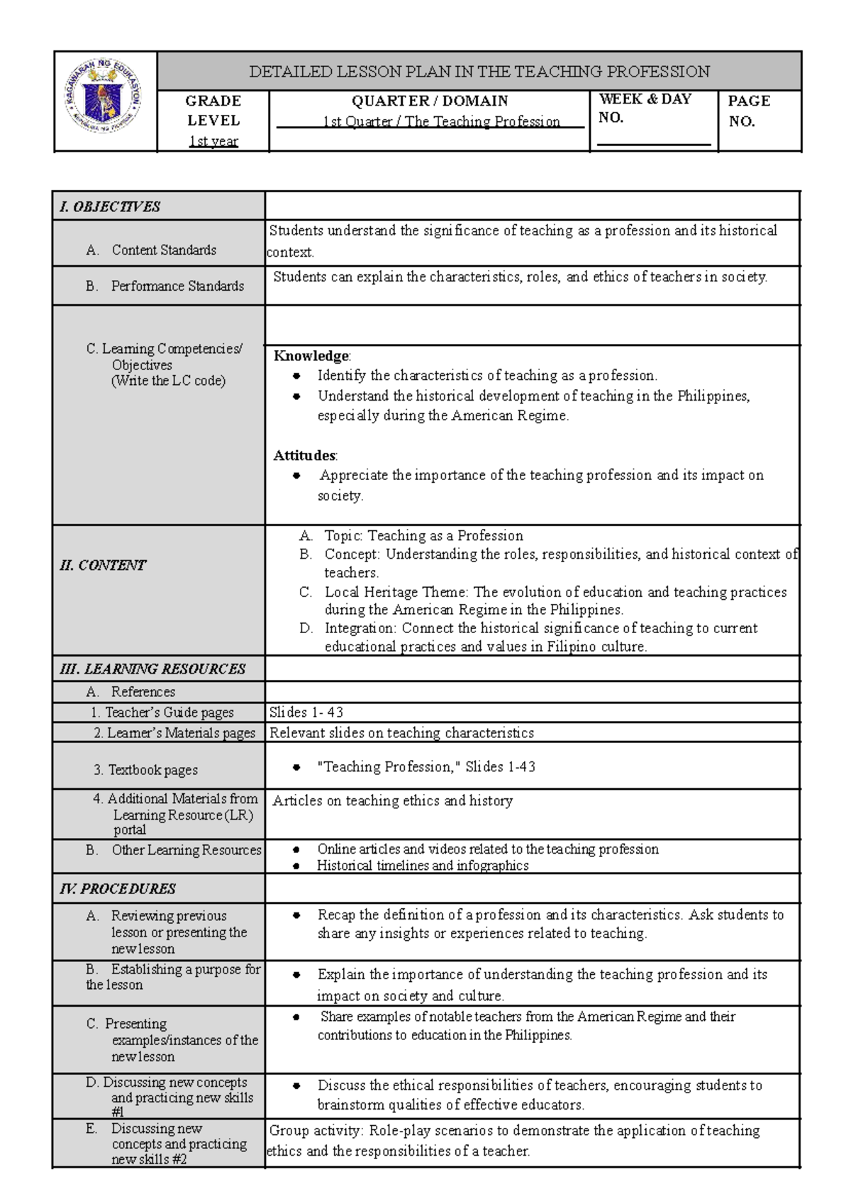 Detailed Lesson Plan: Teaching Profession 1st Year 1st Quarter - Studocu