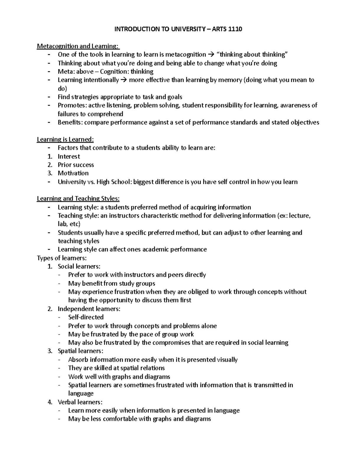 Intro to Uni Lecture Notes - INTRODUCTION TO UNIVERSITY – ARTS 1110 ...