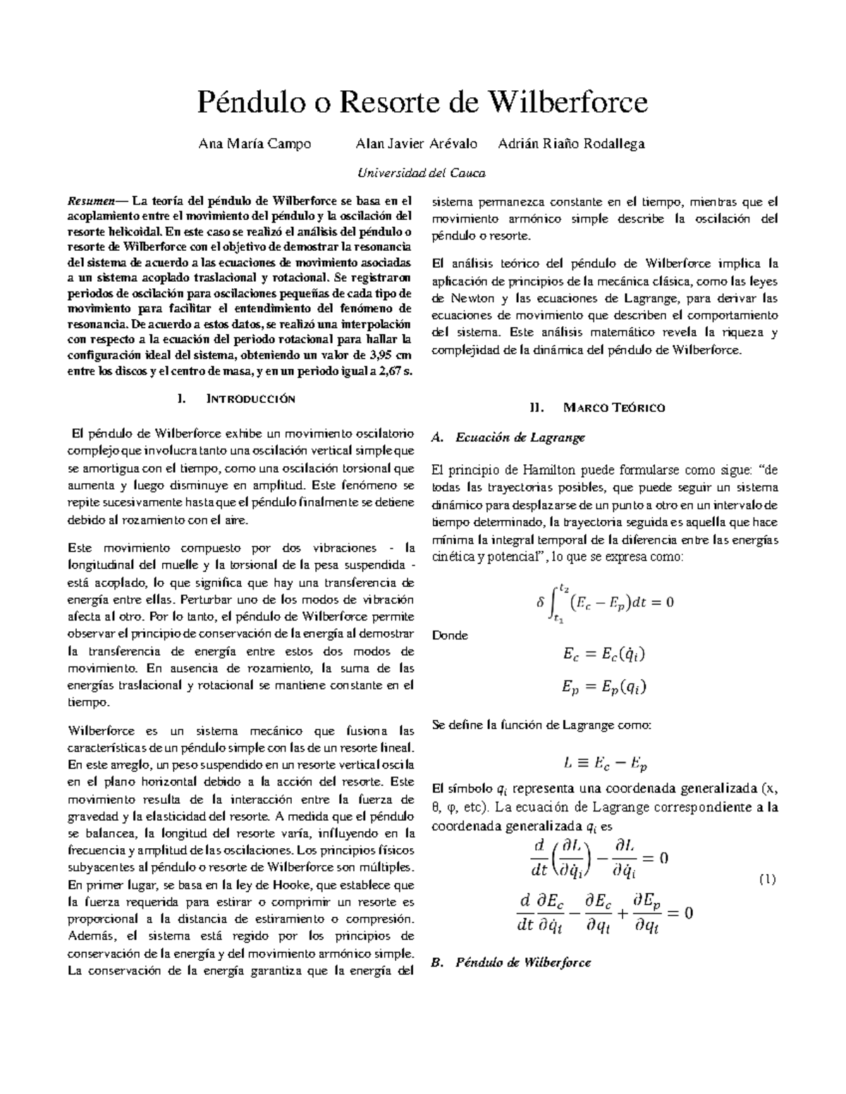 Análisis del Péndulo y Resorte de Wilberforce - Lab6 - Studocu