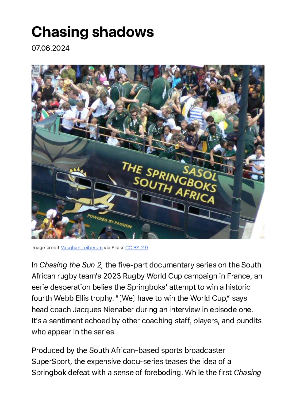 Chasing the Sun 2: A Case Study on South African Rugby's Legacy - Studocu