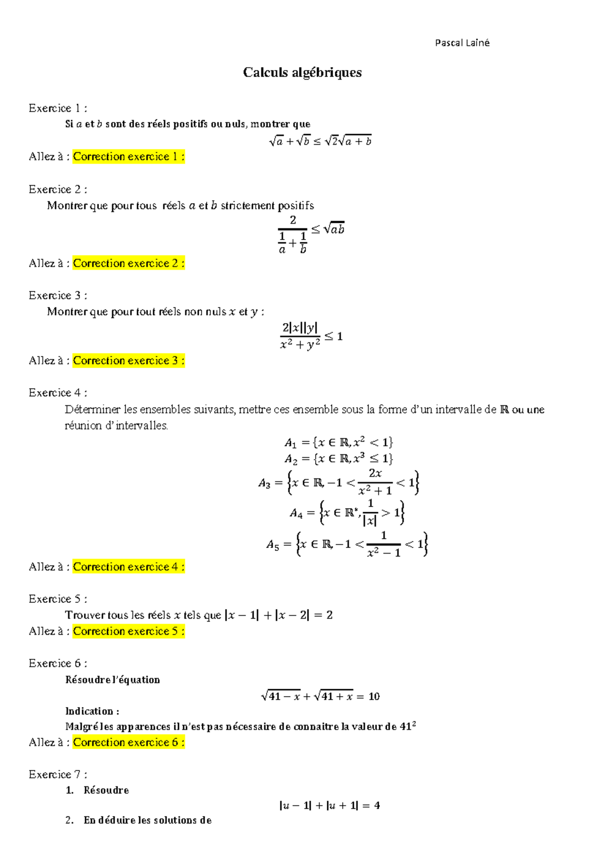 Exercices corriges calculs algebriques - Calculs algébriques Exercice 1 ...