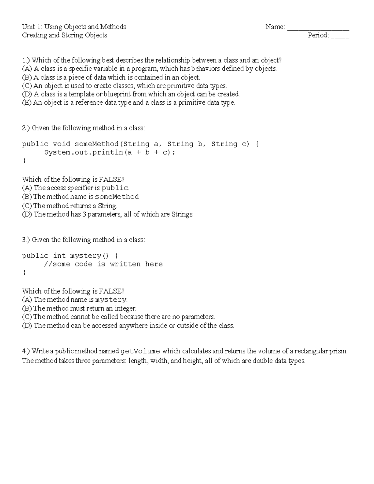 Unit 1: Creating and Storing Objects Homework (CS101) - Studocu