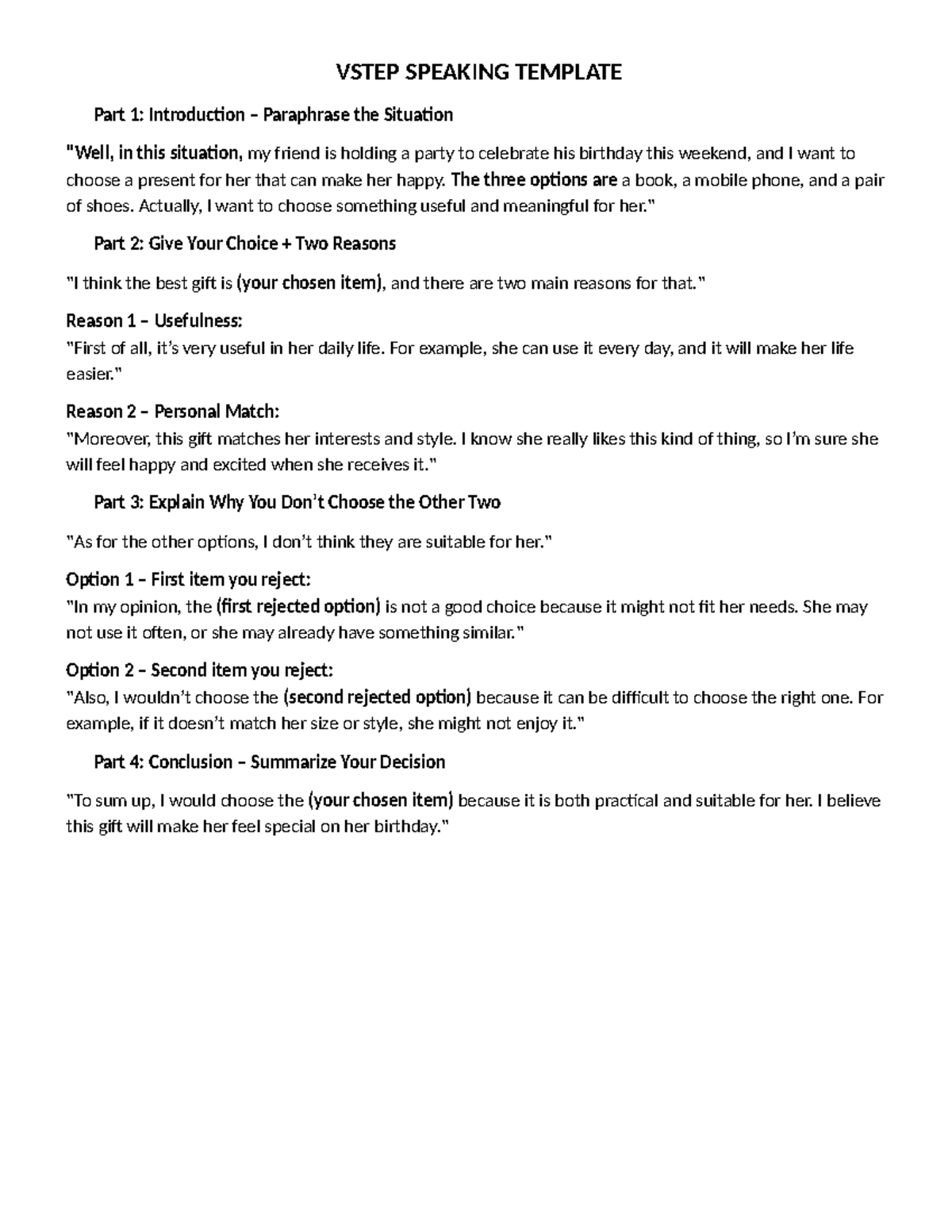 VSTEP SPEAKING TEMPLATE: Choosing the Perfect Birthday Gift - Studocu