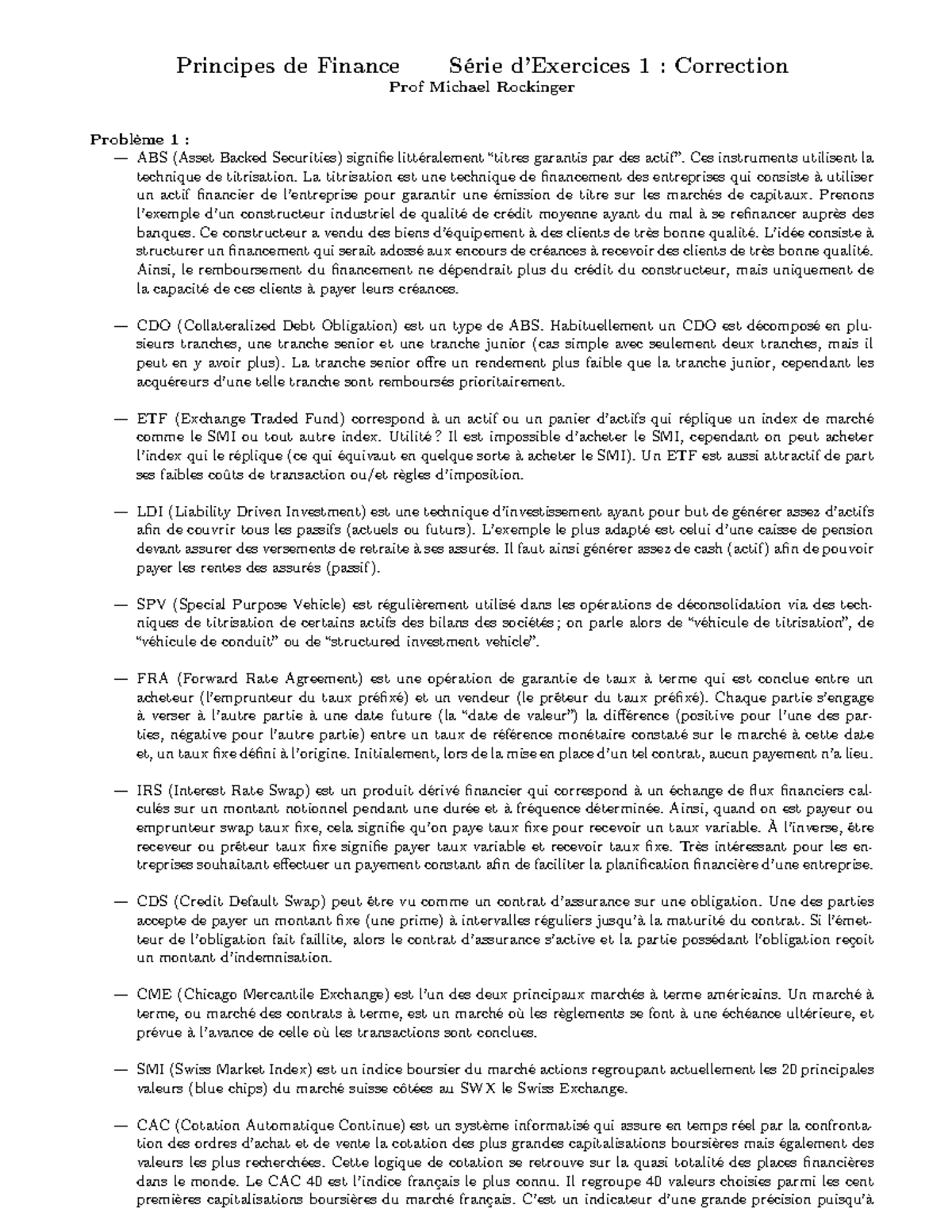 Série 1 : Correction Prof. Michael Rockinger - Problèmes de Finance ...