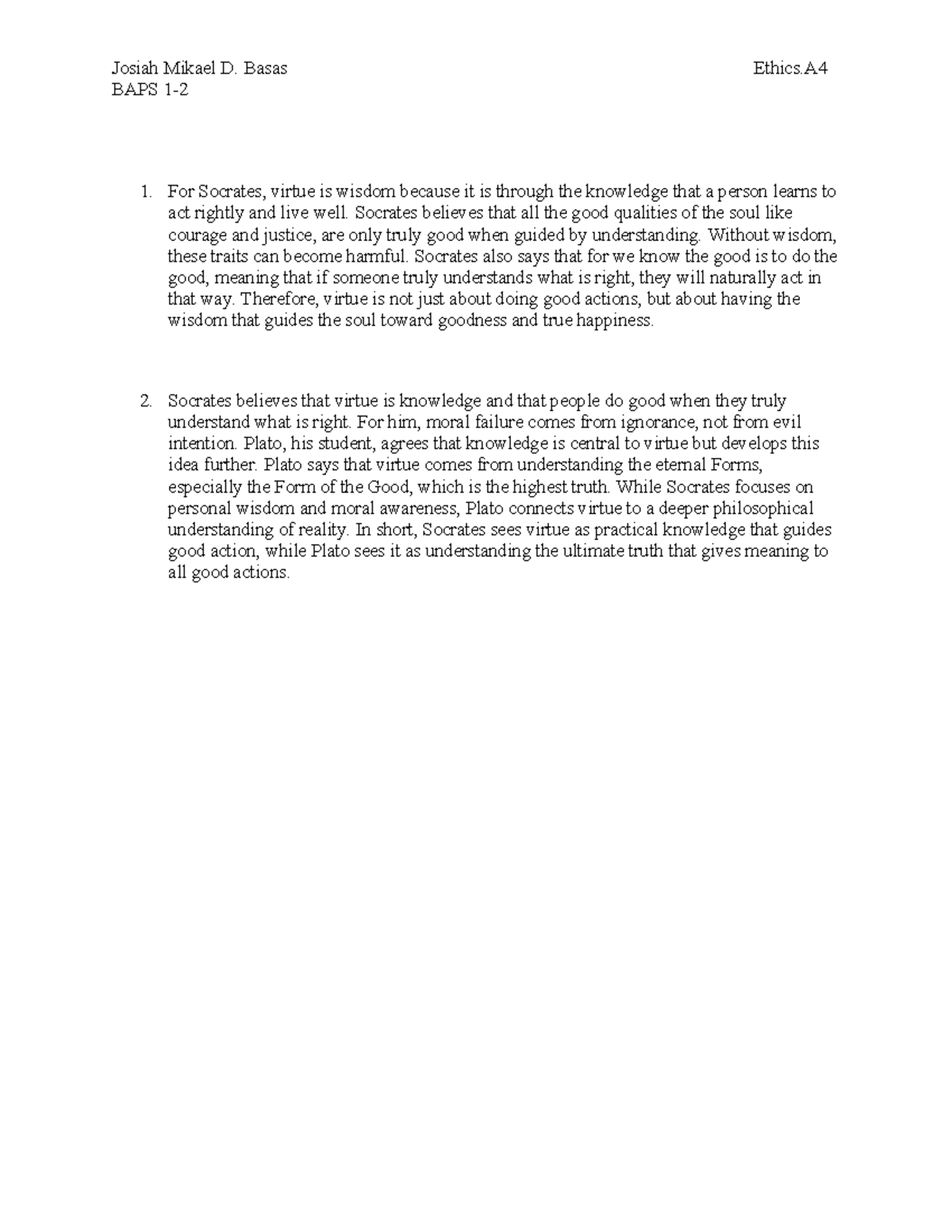 BAPS Ethics: Socratic and Platonic Views on Virtue and Knowledge - Studocu