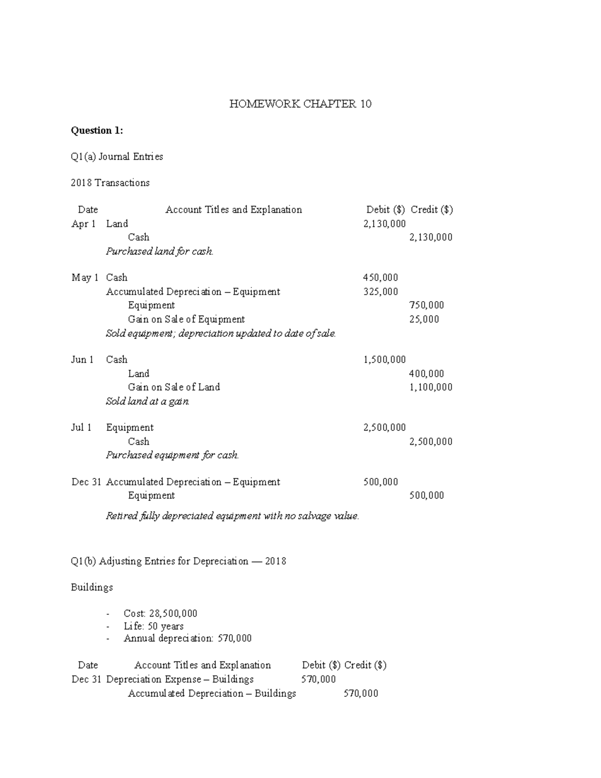Homework Chapter 10: Journal Entries & Depreciation Analysis - Studocu