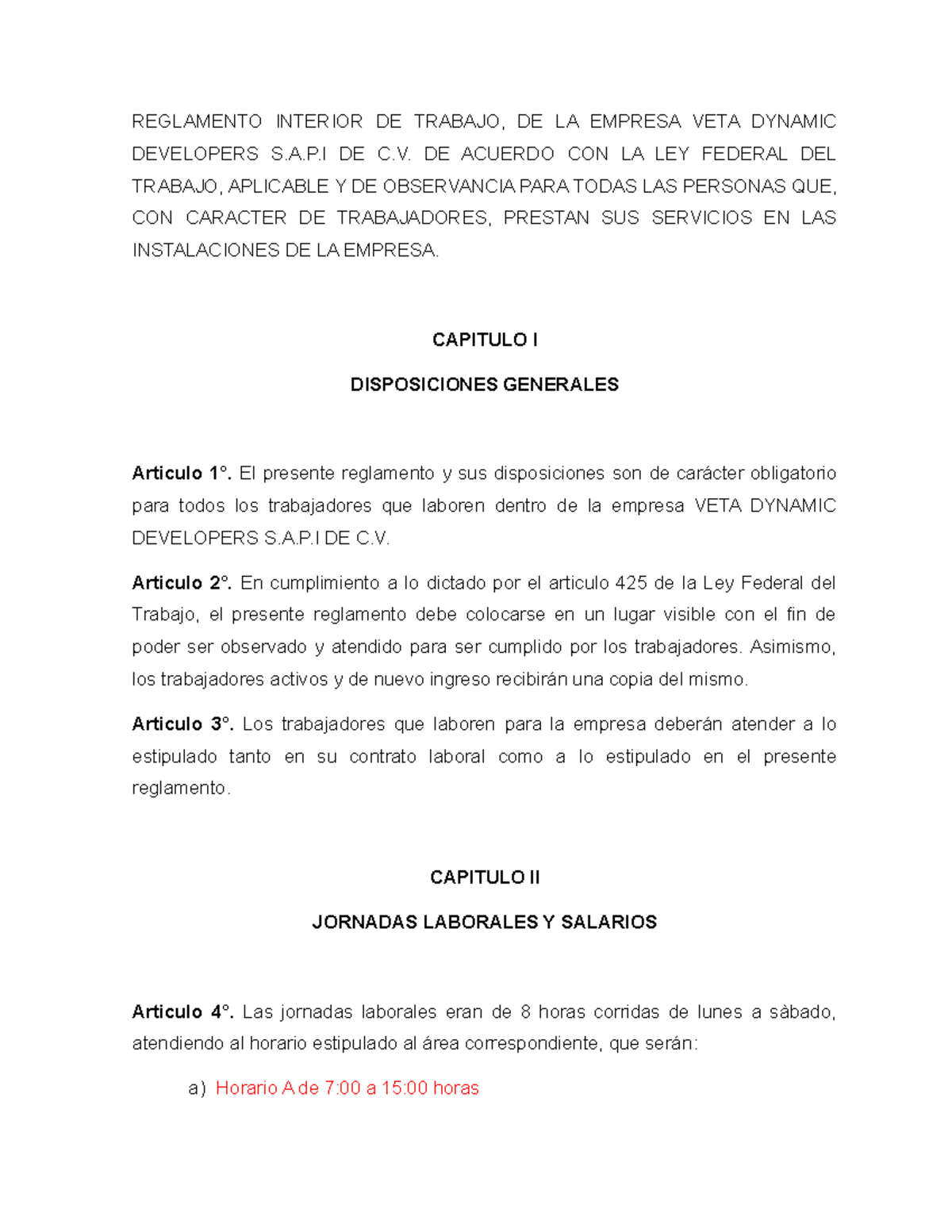 Reglamento interno - REGLAMENTO INTERIOR DE TRABAJO, DE LA EMPRESA VETA ...