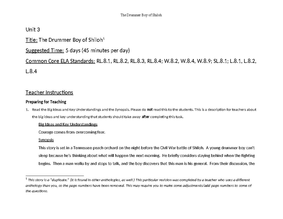 The Drummer Boy of Shiloh (8th Grade) - Lesson Overview and Discussion ...