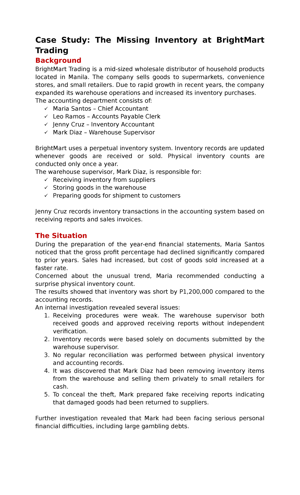 Case Study: Ethics, Fraud, and Internal Control at BrightMart - Studocu