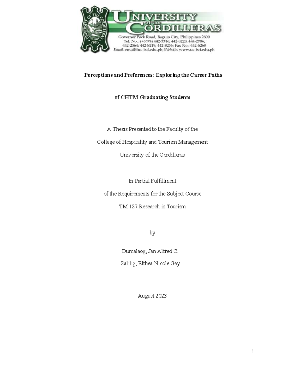 Perceptions and Preferences: Career Paths of CHTM Graduates (TM 127 ...