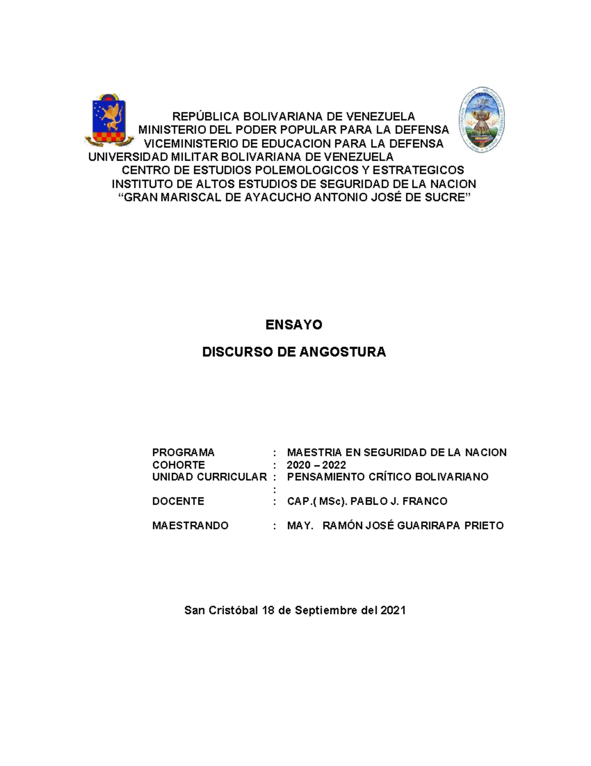 Análisis Crítico del Discurso de Angostura: Ensayo (MSc) - Studocu