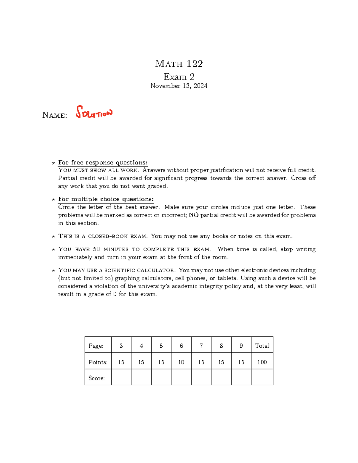 Math 122 Exam 2 Solutions and Key Concepts - Studocu