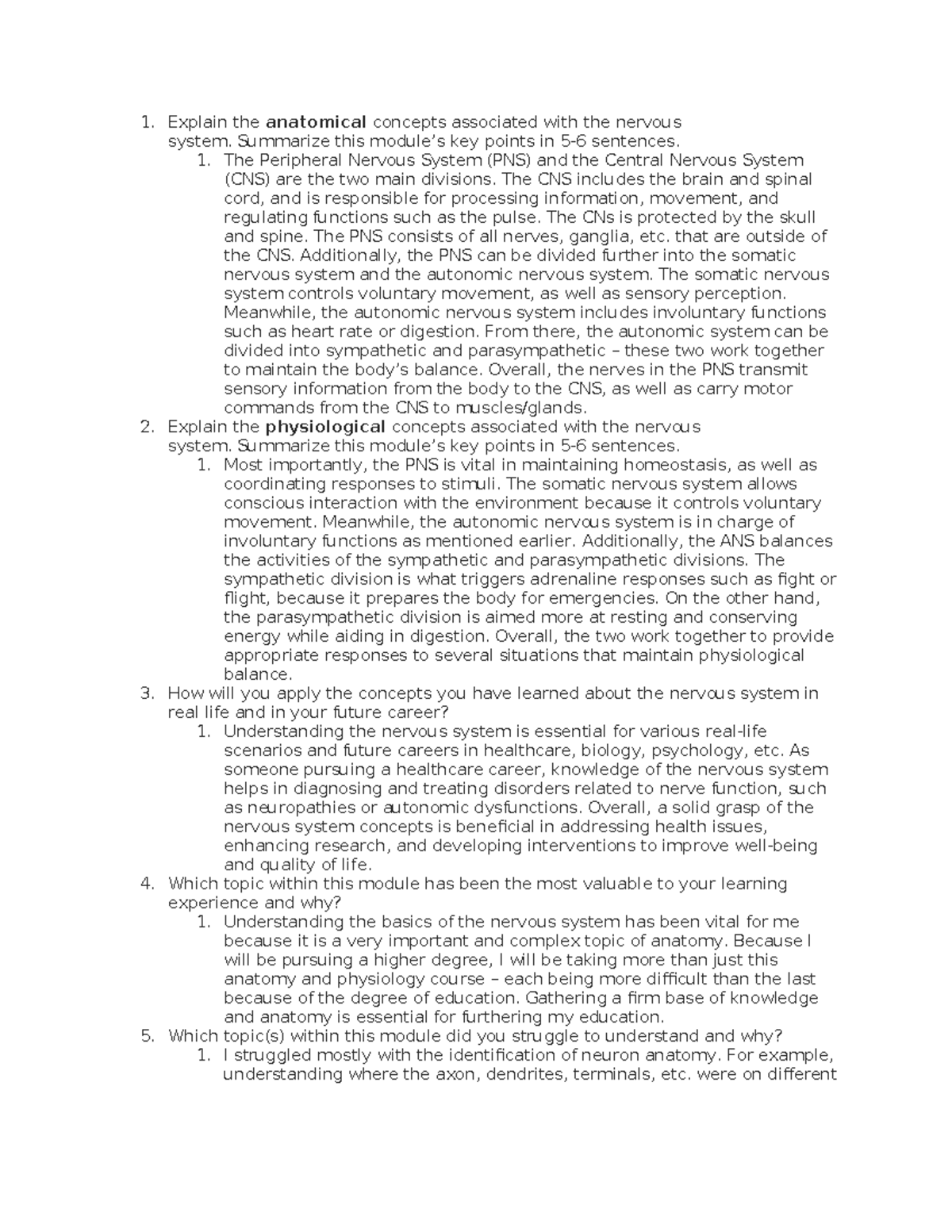 Module 6 Reflection Assignment on Nervous System Concepts - Studocu