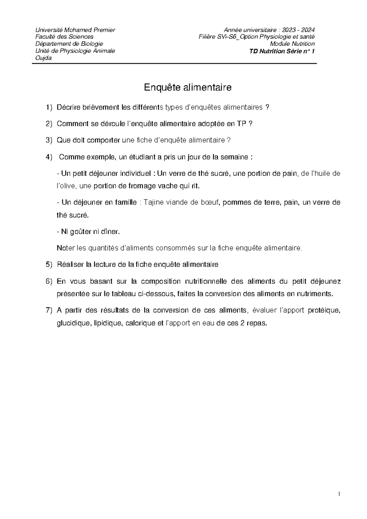 TD Nutrition - Série 1: Enquête Alimentaire & Évaluation Nutritive ...