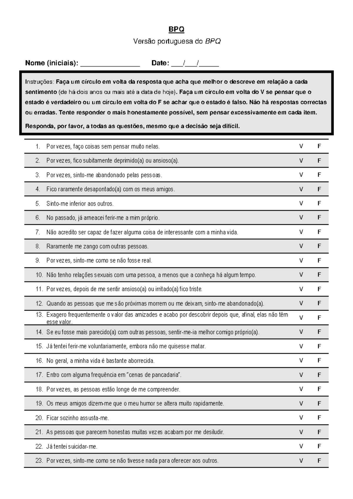 Escala de Borderline (BPQ) - Questionário de Autoavaliação - Studocu