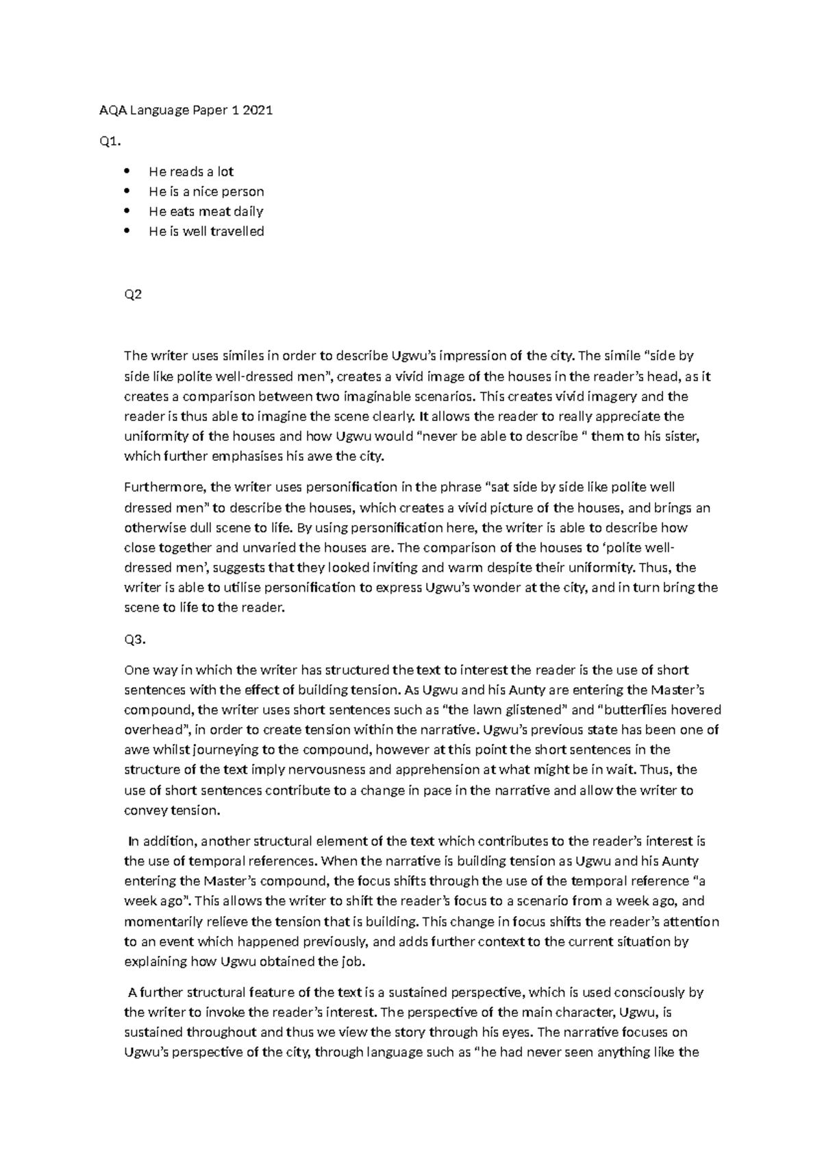 AQA Language Paper 1 Analysis and Response 2021 Insights - Studocu