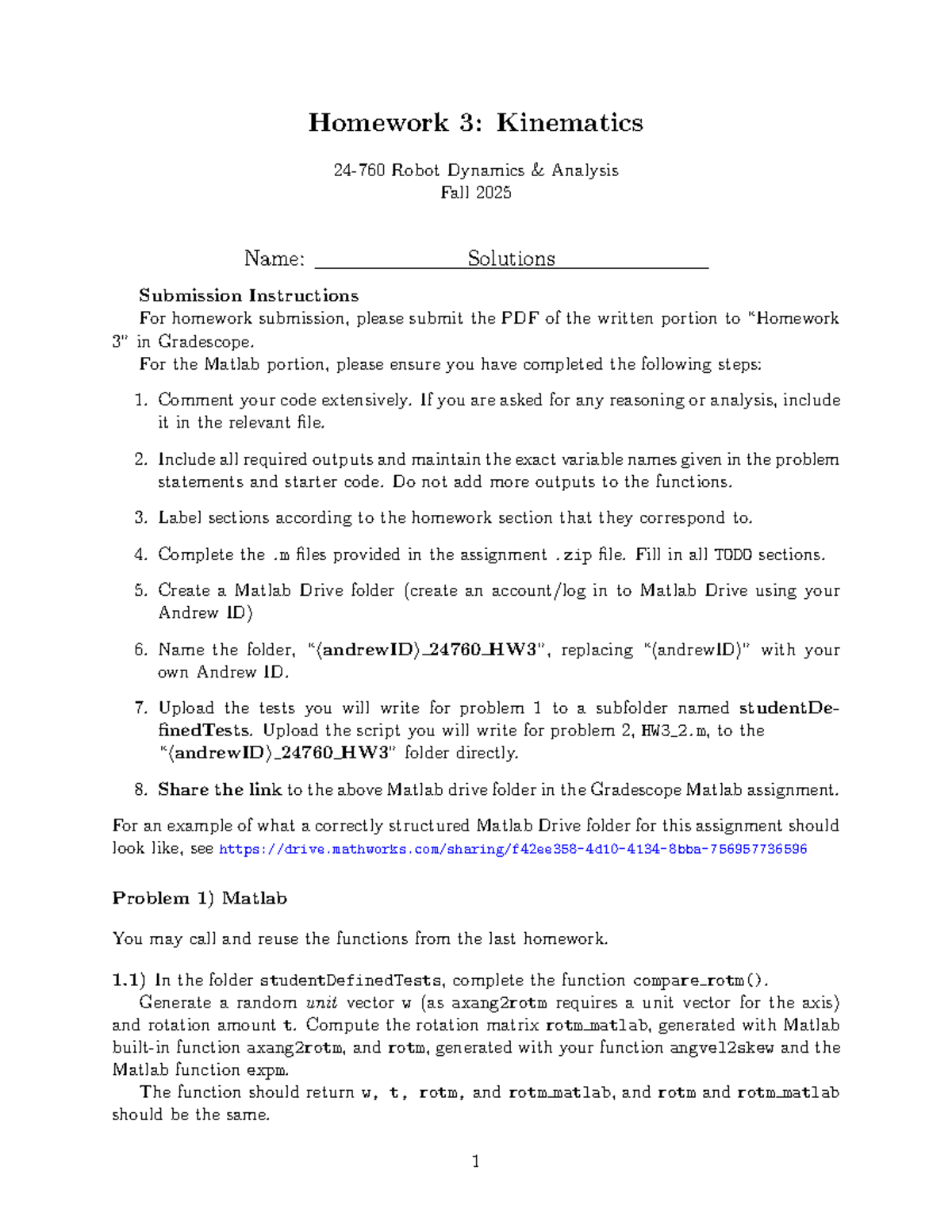 Homework 3: Kinematics Solutions for 24-760 Robot Dynamics Analysis - Studocu