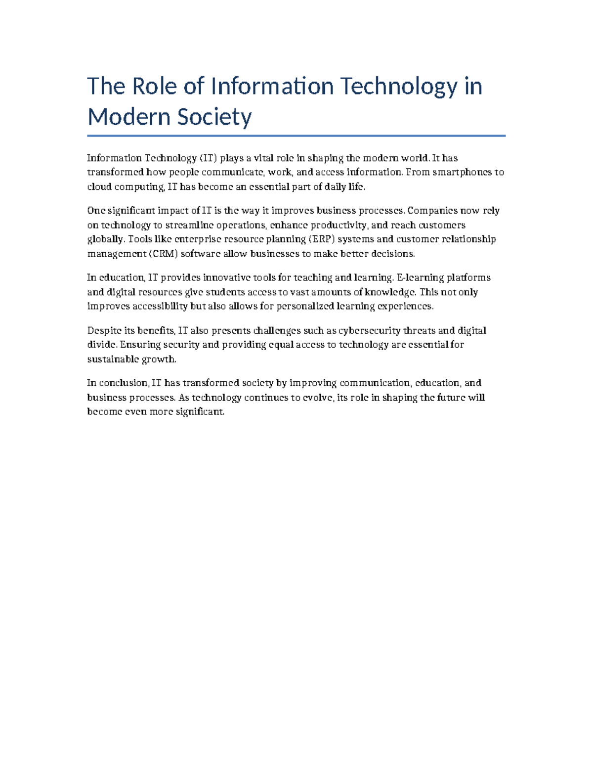 IT Essay: The Impact of Technology on Modern Society - Studocu