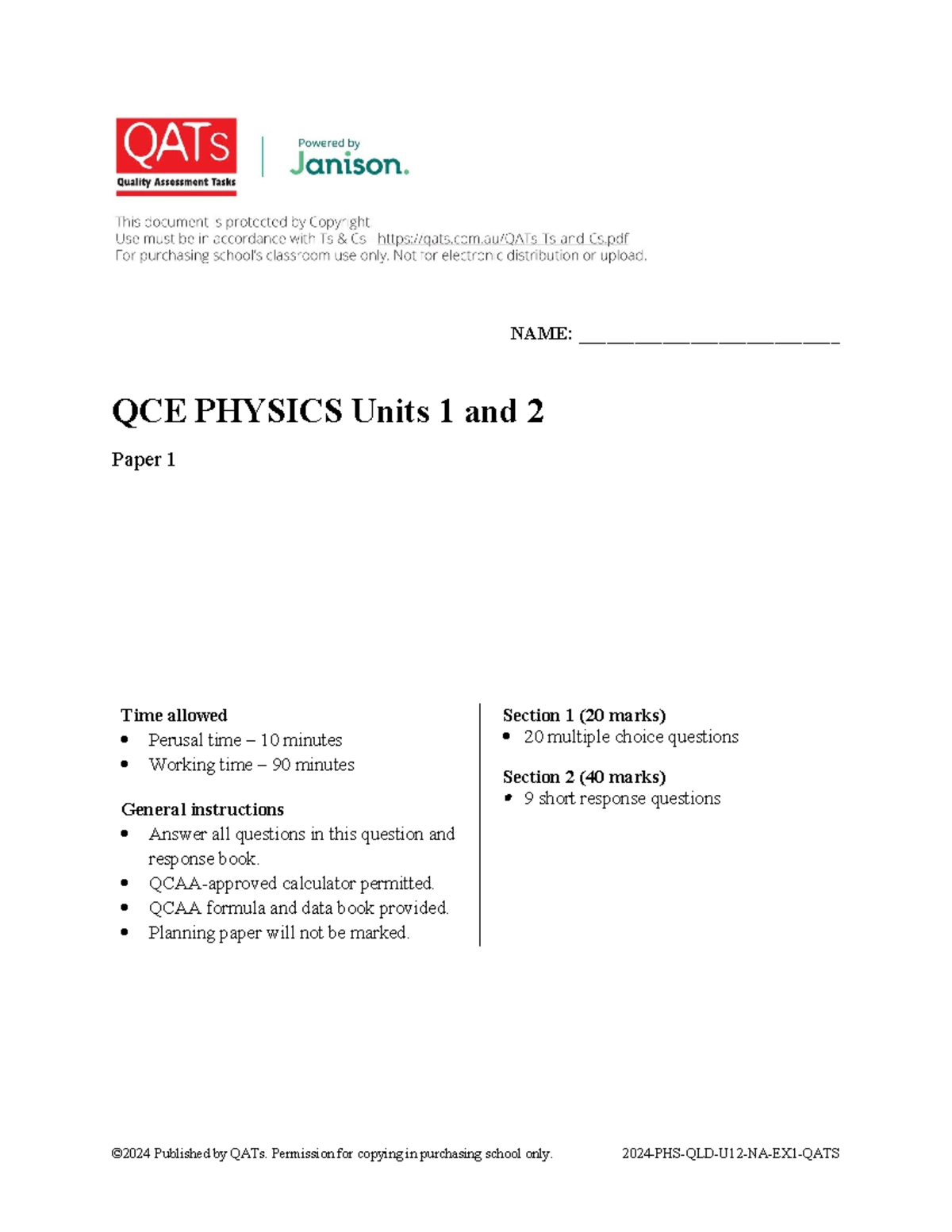 QCE Physics Exam Paper 1 - Units 1 & 2 (Final Exam) - Studocu