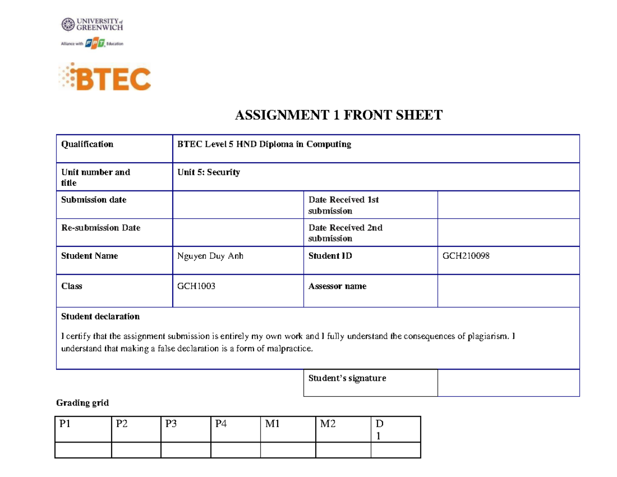 Security Assignment 1 - BTEC Level 5 HND Diploma Unit 5 - Studocu