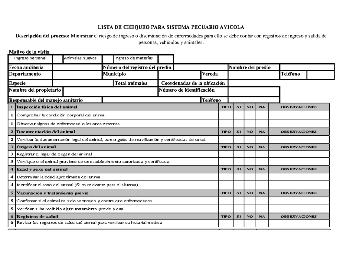 Evidencia GA6-270501081-AA1-EV02. Checklist de Ingreso Pecuario Avícola - Studocu