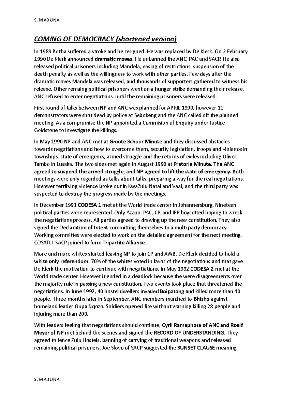 Negotiated Settlement: Path to Democracy in South Africa (1990-1994 ...