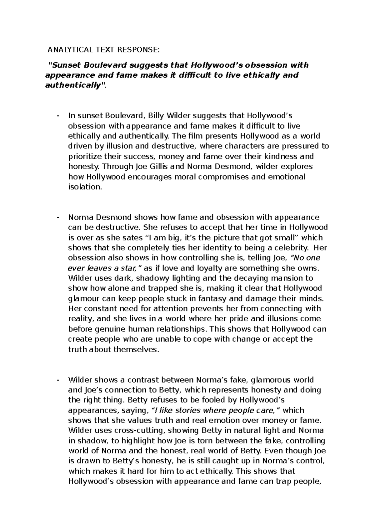 ANALYTICAL TEXT RESPONSE: Obsession with Fame in Sunset Boulevard - Studocu
