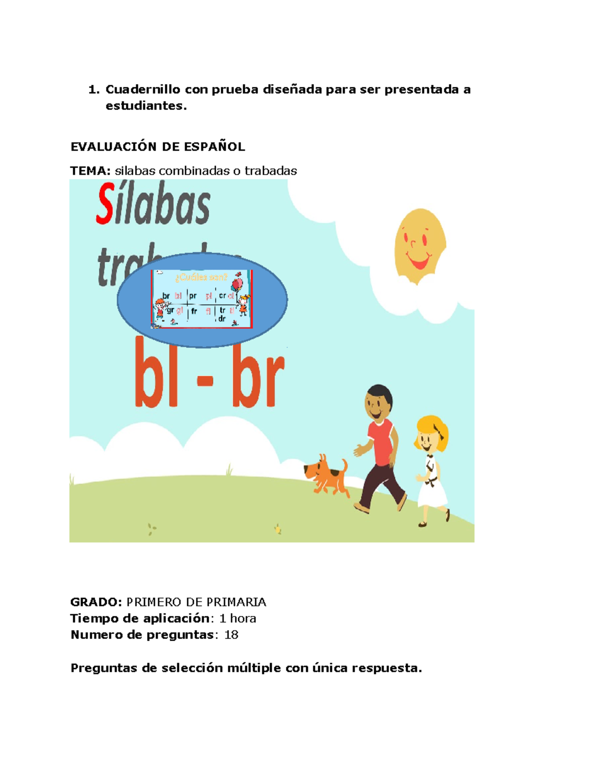 Evaluación de Español 1°: Prueba sobre Sílabas Combinadas/Trabadas ...