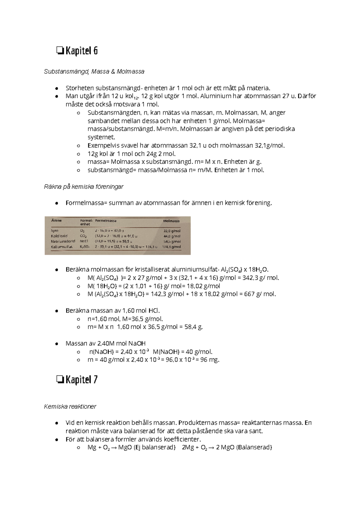 Kemi 1 - Kemi 1 100p - Kapitel 6 Substansmängd, Massa & Molmassa ...