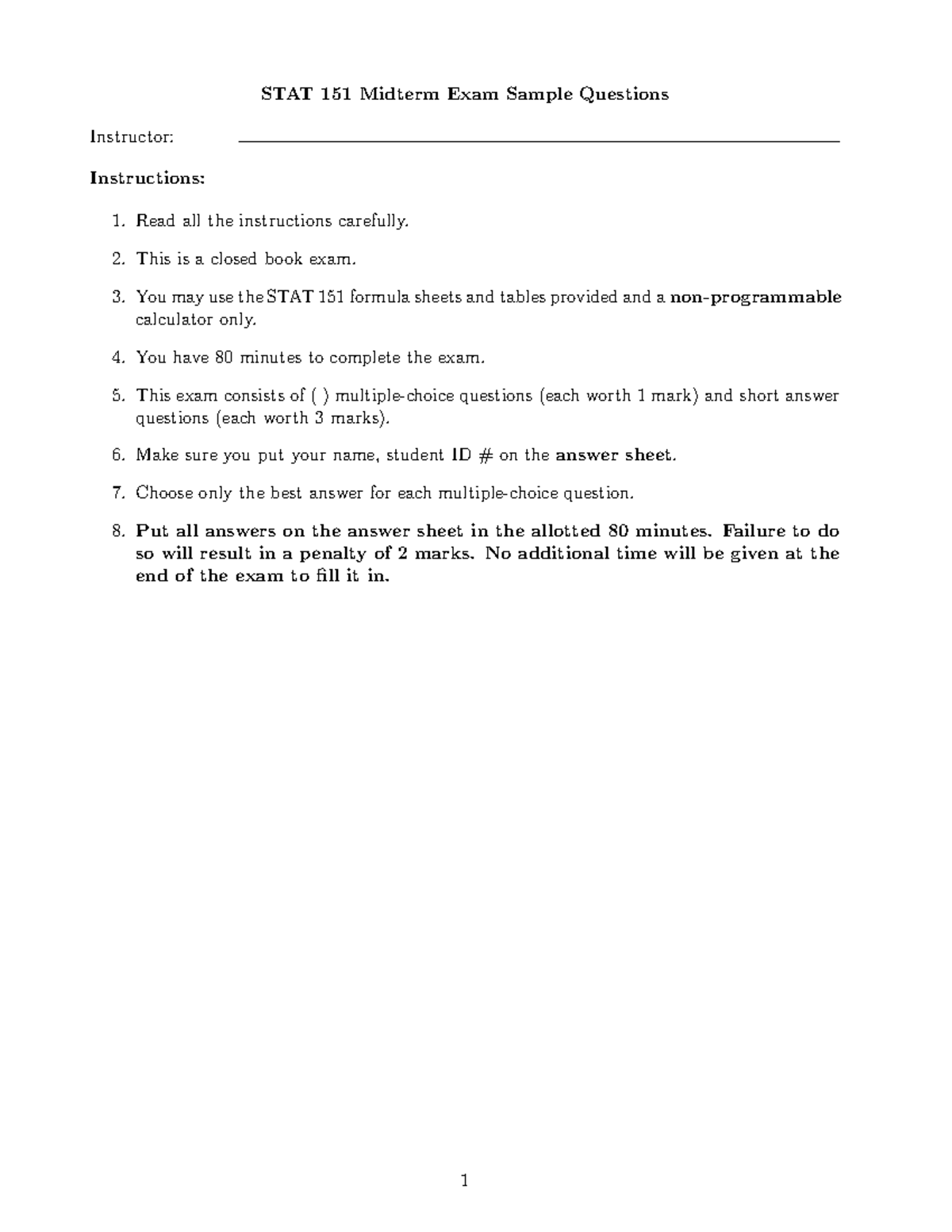 STAT 151 Midterm Exam Sample Questions and Answers - Studocu