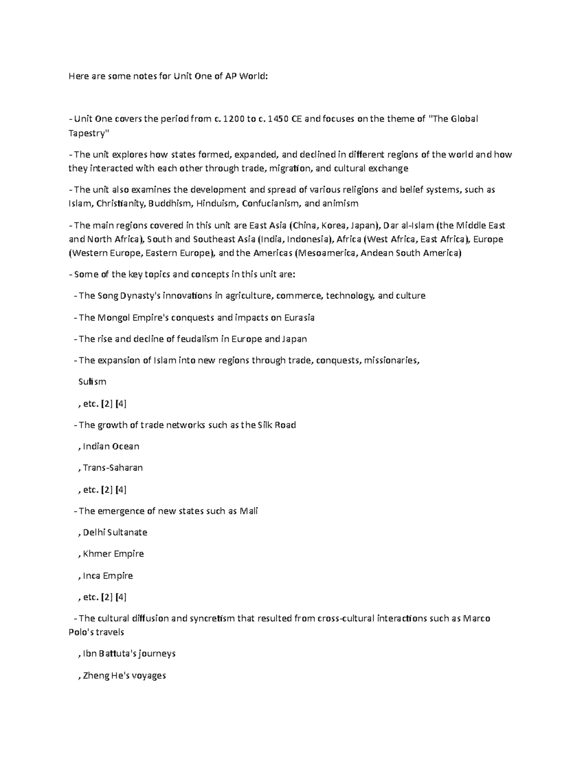 AP World Unit 1 - Class notes - Here are some notes for Unit One of AP ...