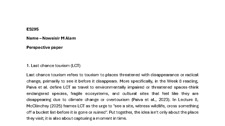 ES295 Perspective Paper 01: Last Chance Tourism & Climate Change - Studocu
