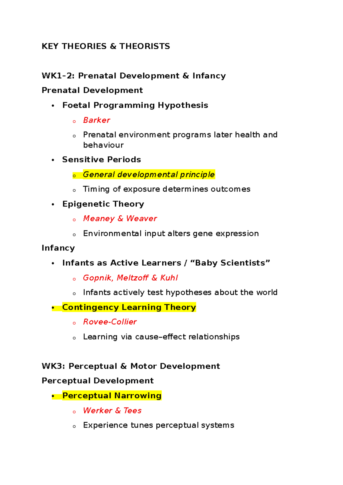 Key Theories & Theorists: Prenatal to Emerging Adulthood (WK3-11) - Studocu