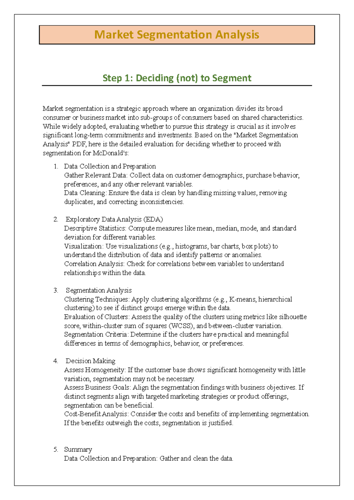 Market Segmentation Analysis for McDonald's: Steps & EDA Insights - Studocu