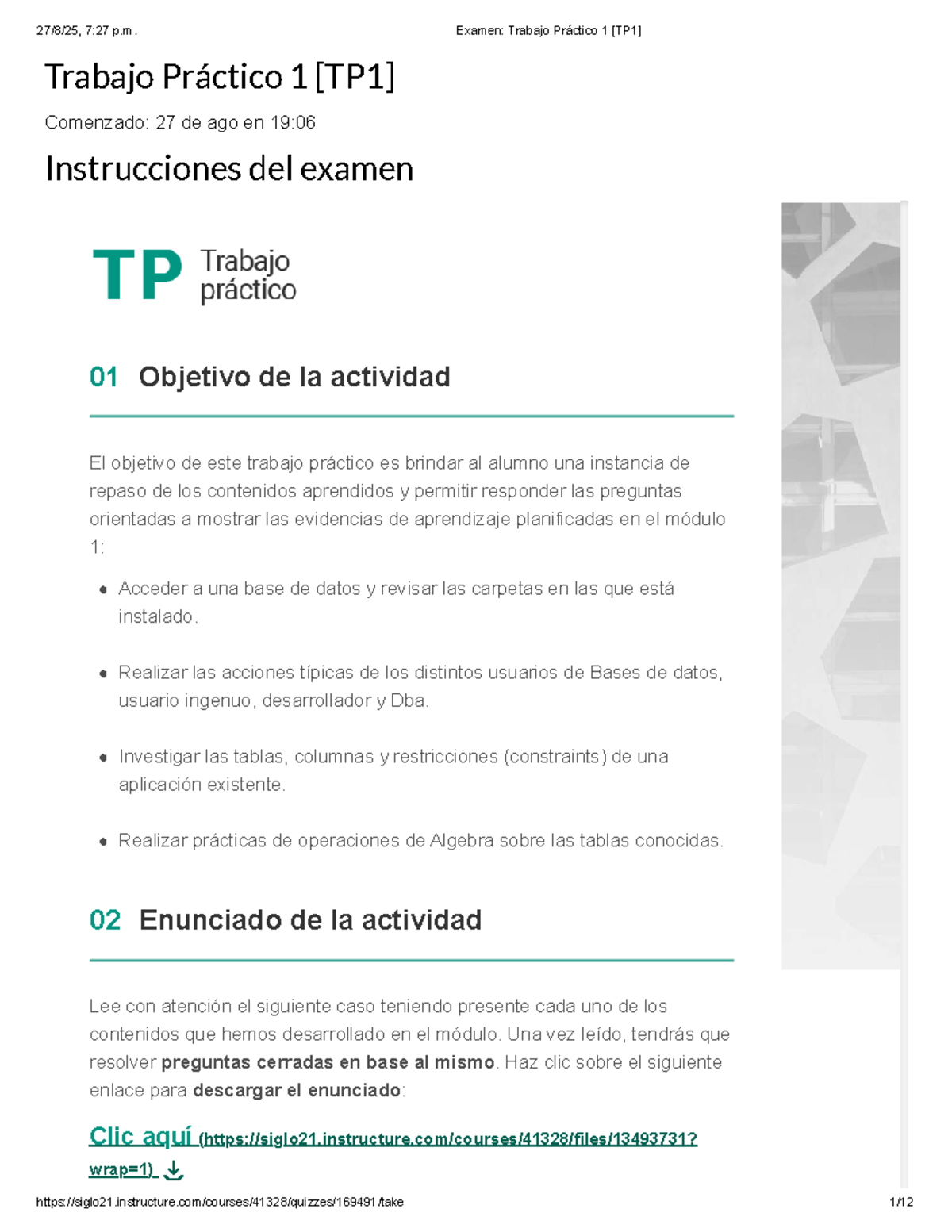 Examen: Trabajo Práctico 1 [TP1] - Repaso de Bases de Datos - Studocu
