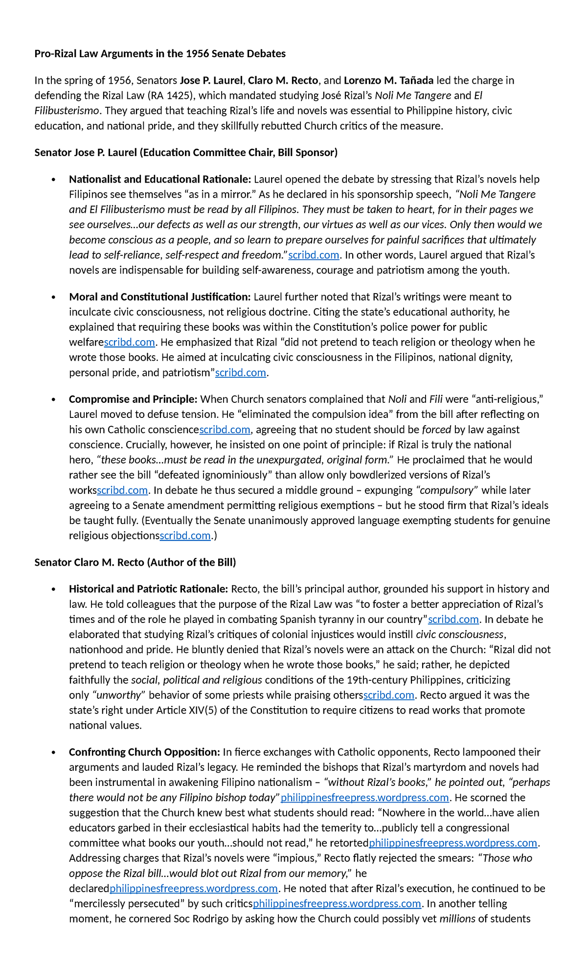 Rizal Bill (RA 1425) - Summary of Senate Debates and Arguments - Studocu