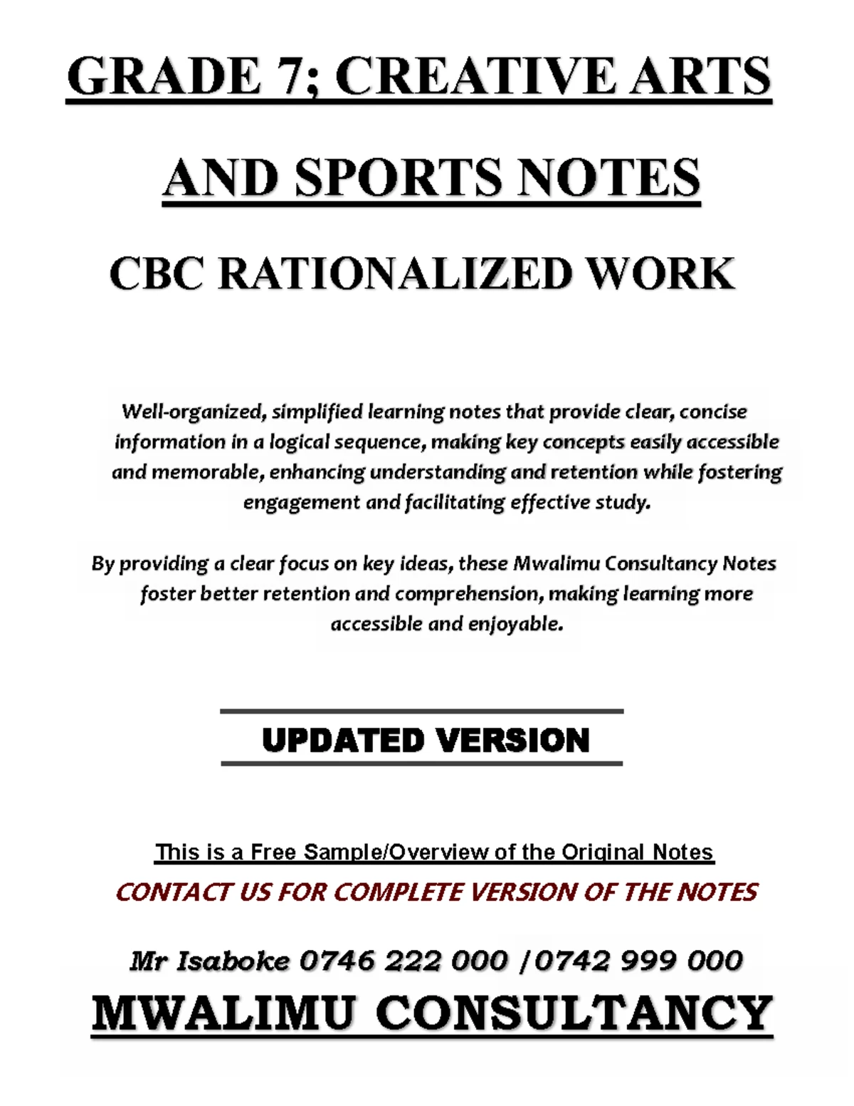 Creative Arts and Sports T1 Lesson Notes G7 2024 - Studocu