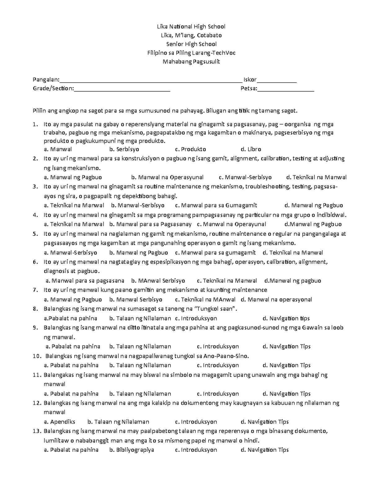 Pagsulat ng Manwal: Mahabang Pagsusulit sa Filipino sa Piling Larang ...