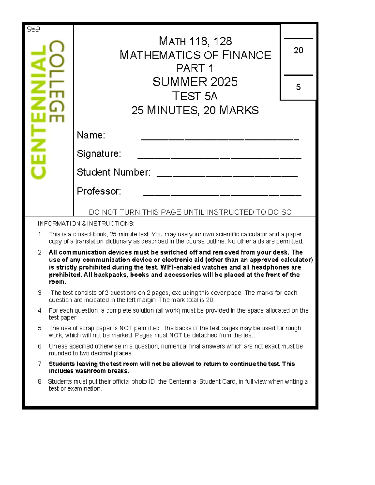 MATH 118 Test 5A: Mathematics of Finance - Summer 2025 - Studocu