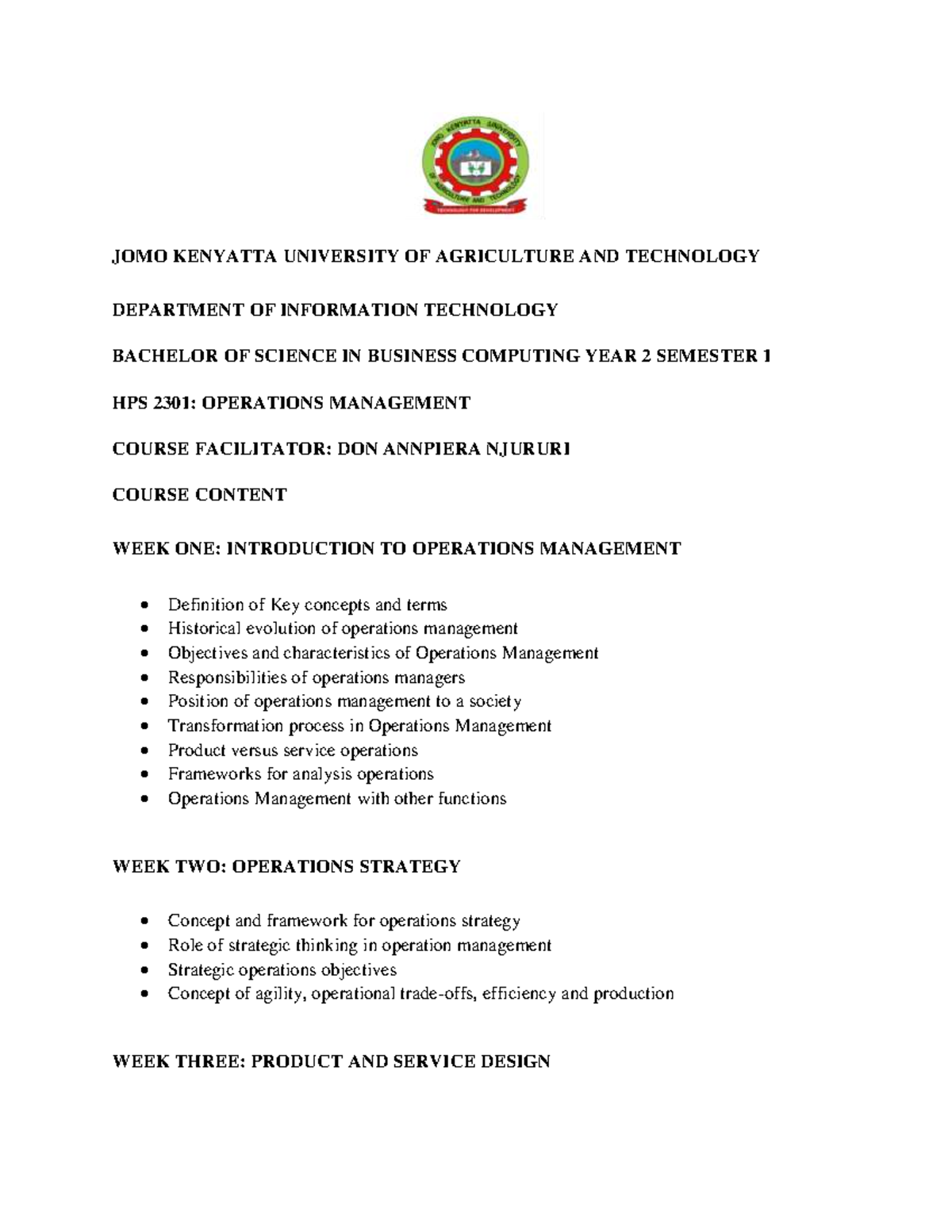 OPERATION MANAGMENT NOTES - JOMO KENYATTA UNIVERSITY OF AGRICULTURE AND ...