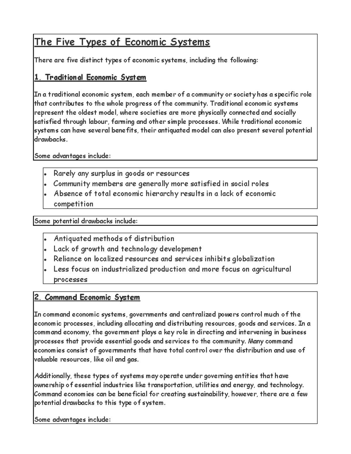 Types of economic system - Traditional Economic System In a traditional ...