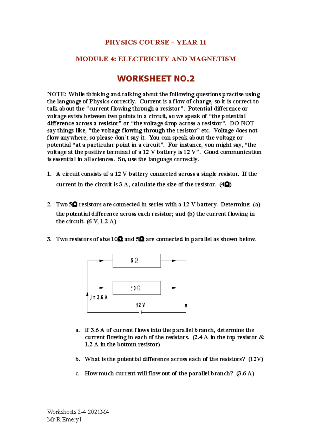 Eletricity and Magnetism Module 4 Worksheets 2-4 (All Solutions ...