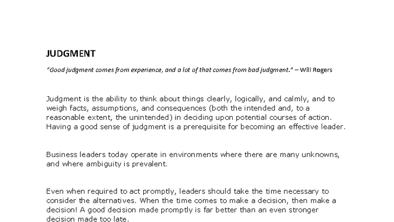 JUDG 101: Developing Effective Judgment Skills in Leadership - Studocu